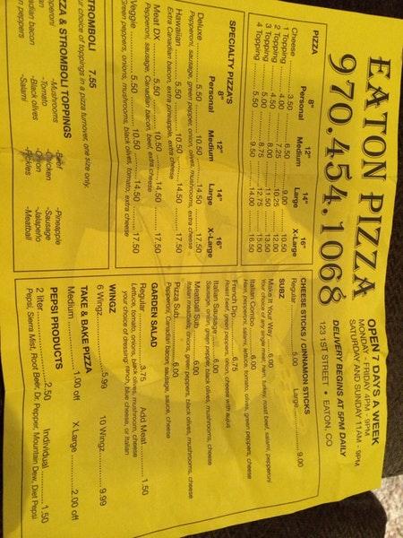 Menu at Eaton Pizza & Subs pizzeria, Eaton