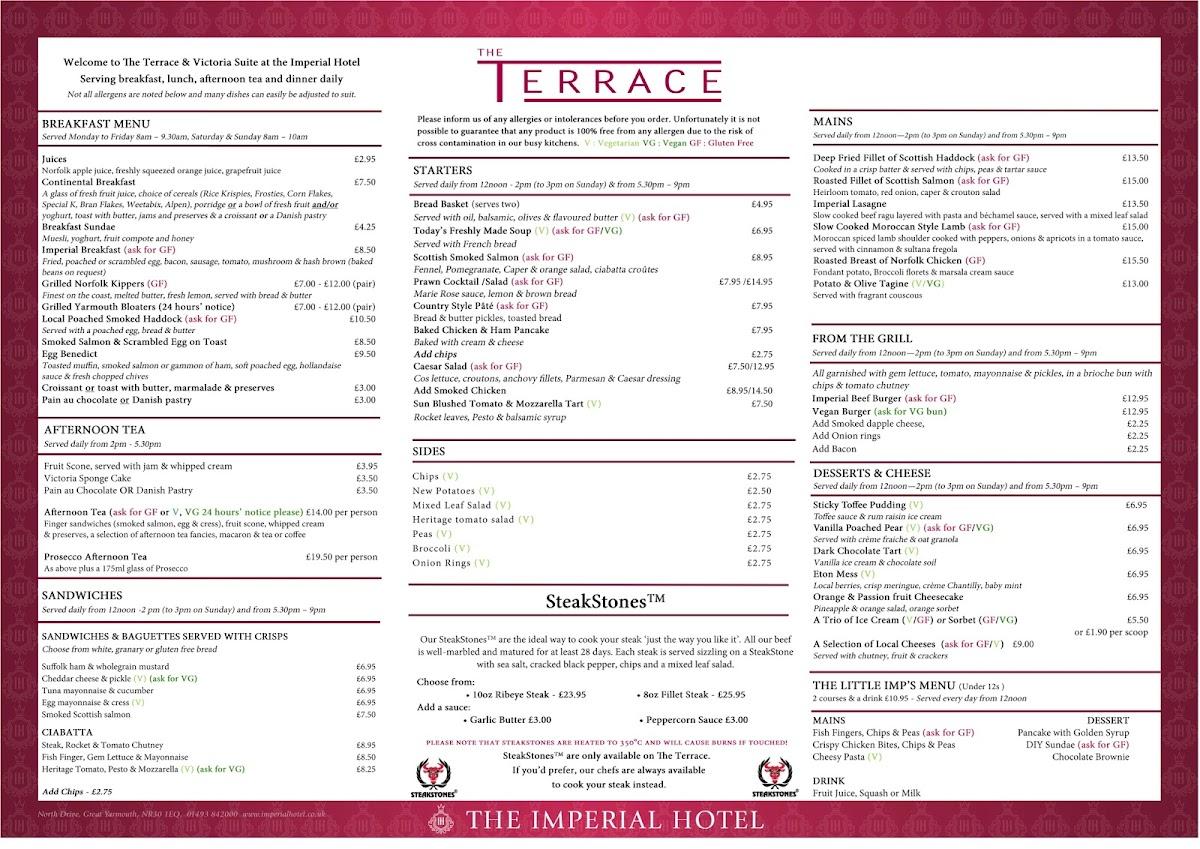 Menu at Imperial Hotel restaurant, Great Yarmouth