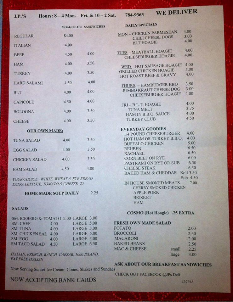 Menu at J.P.s Deli restaurant, Bloomsburg, Old Berwick Rd
