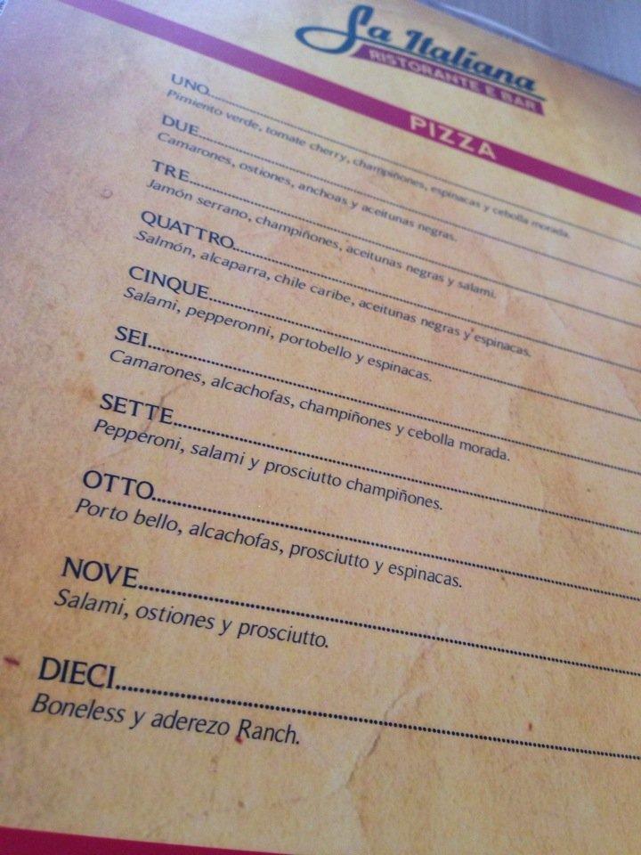 Menu at La Italiana restaurant, Torreón