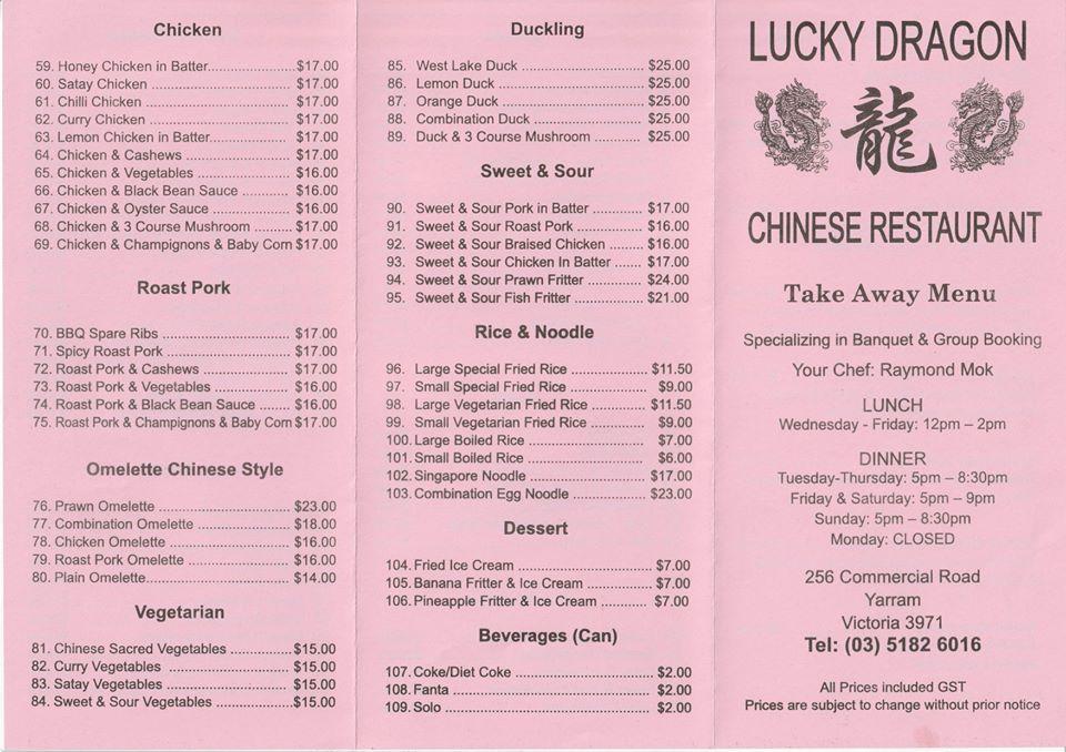 Menu at Lucky Dragon Chinese Restaurant, Yarram