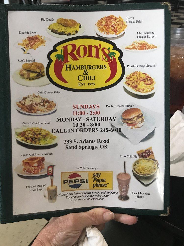 Menu at Ron's Hamburgers & Chili restaurant, Sand Springs, 233 S Adams Rd
