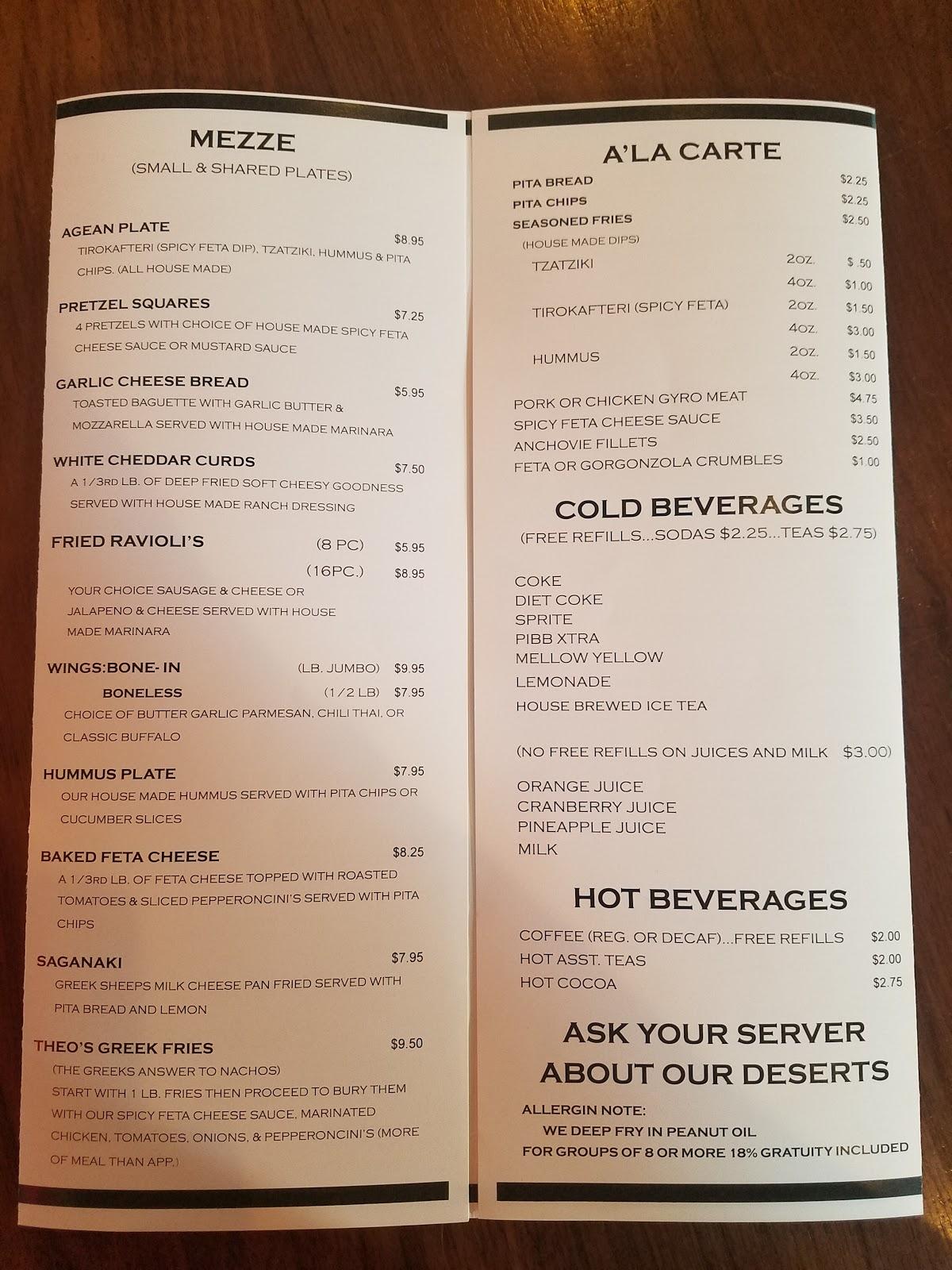 Menu at Theo's Midtown pizzeria, Jefferson City