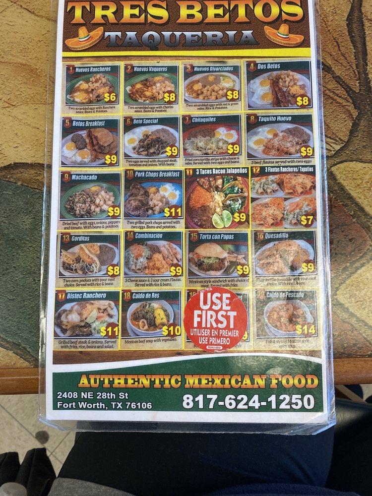 Menu at Tres Betos Taqueria restaurant, Fort Worth