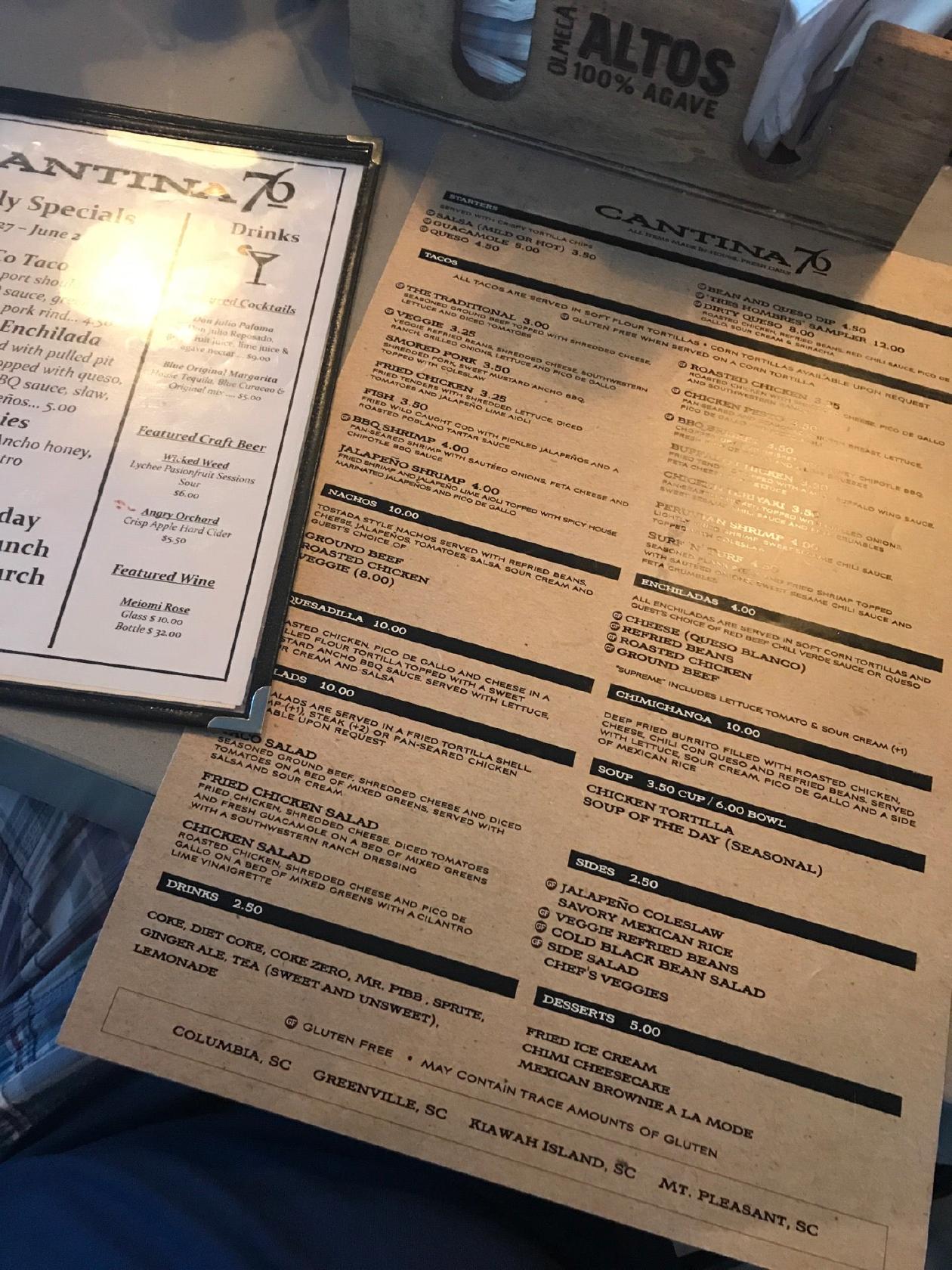 Menu at Cantina 76 pub & bar, Kiawah Island, 219 Farm Lake View Rd