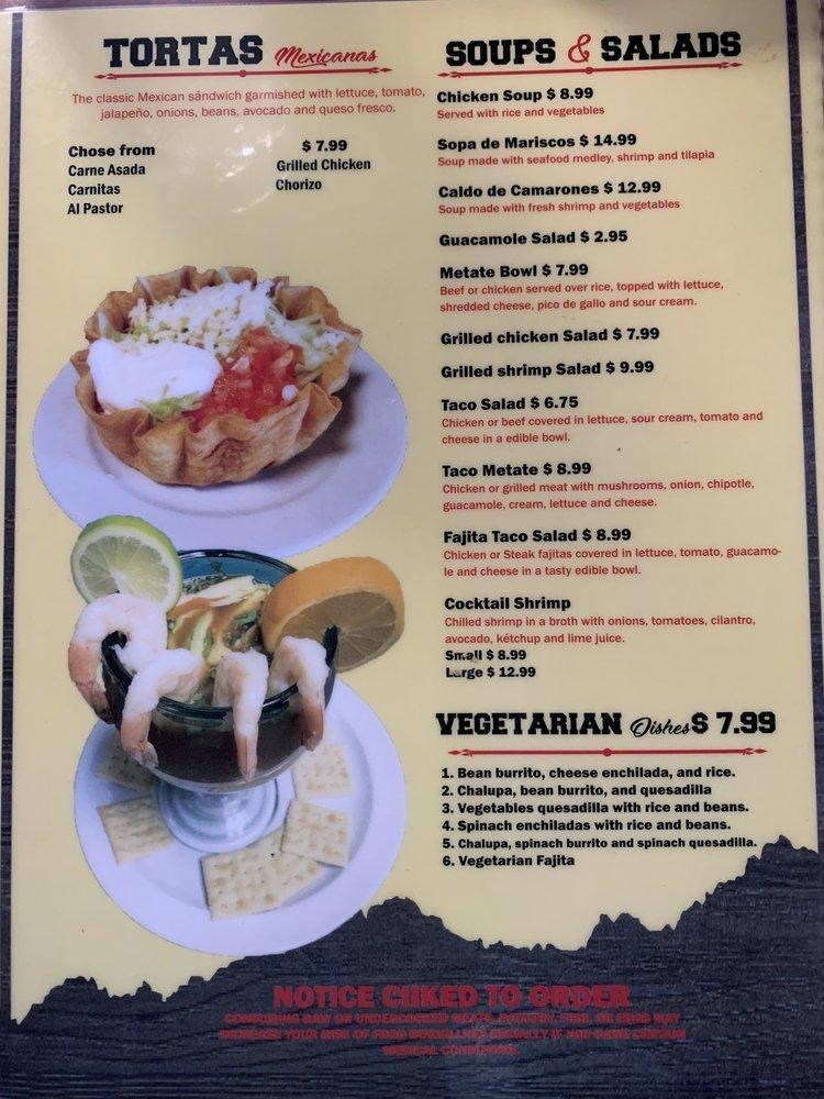 Menu at El Metate restaurant, Tifton