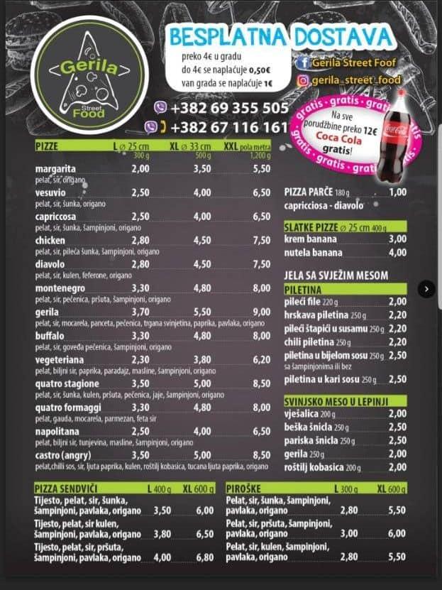 Menu at Gerila street food restaurant, Niksic