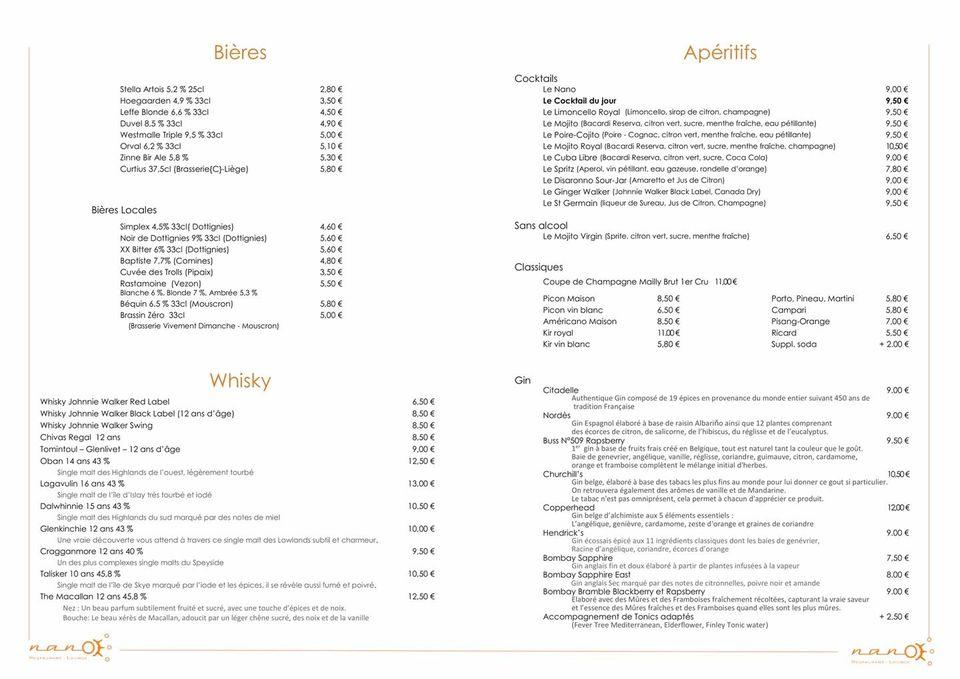Menu at Nano, Mouscron