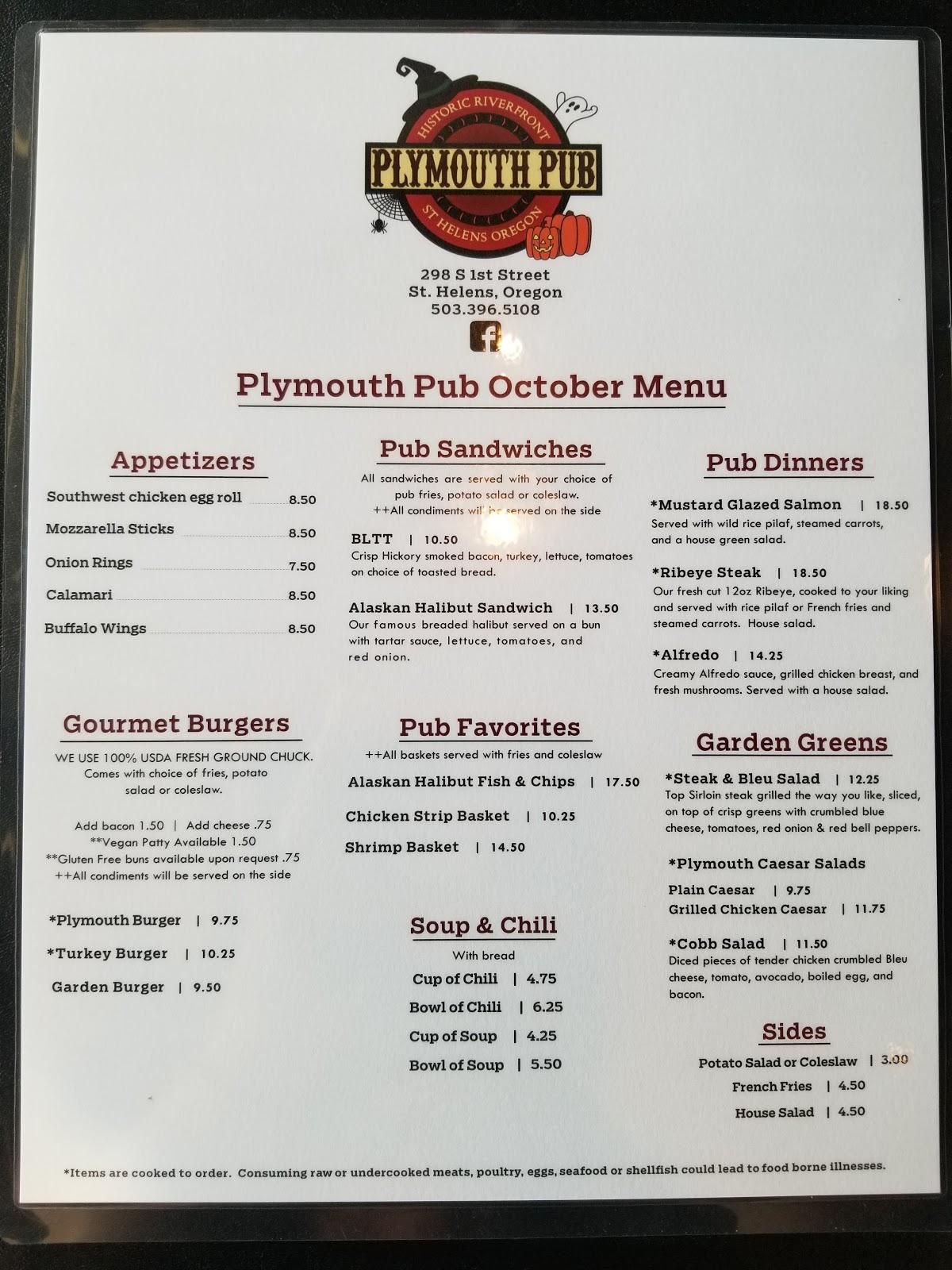 Menu at Plymouth Pub, Saint Helens