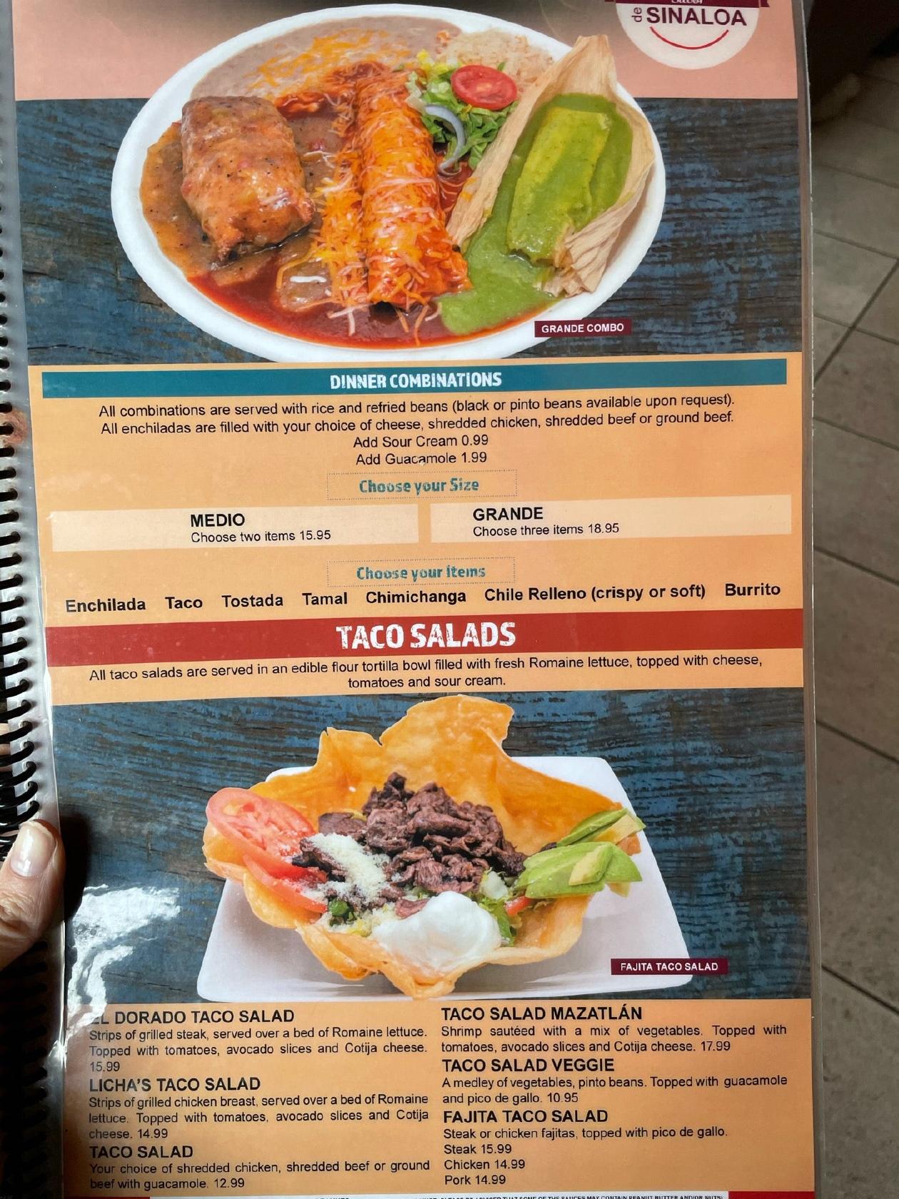 Menu at Sabor Mazatlan restaurant, Avon