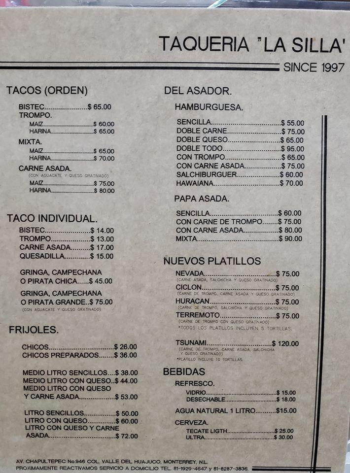 Menu at TAQUERIA LA SILLA restaurant, Monterrey, Esquina
