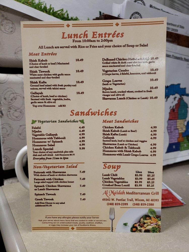 Menu at Al Maidah Mediterranean Grill restaurant, Wixom