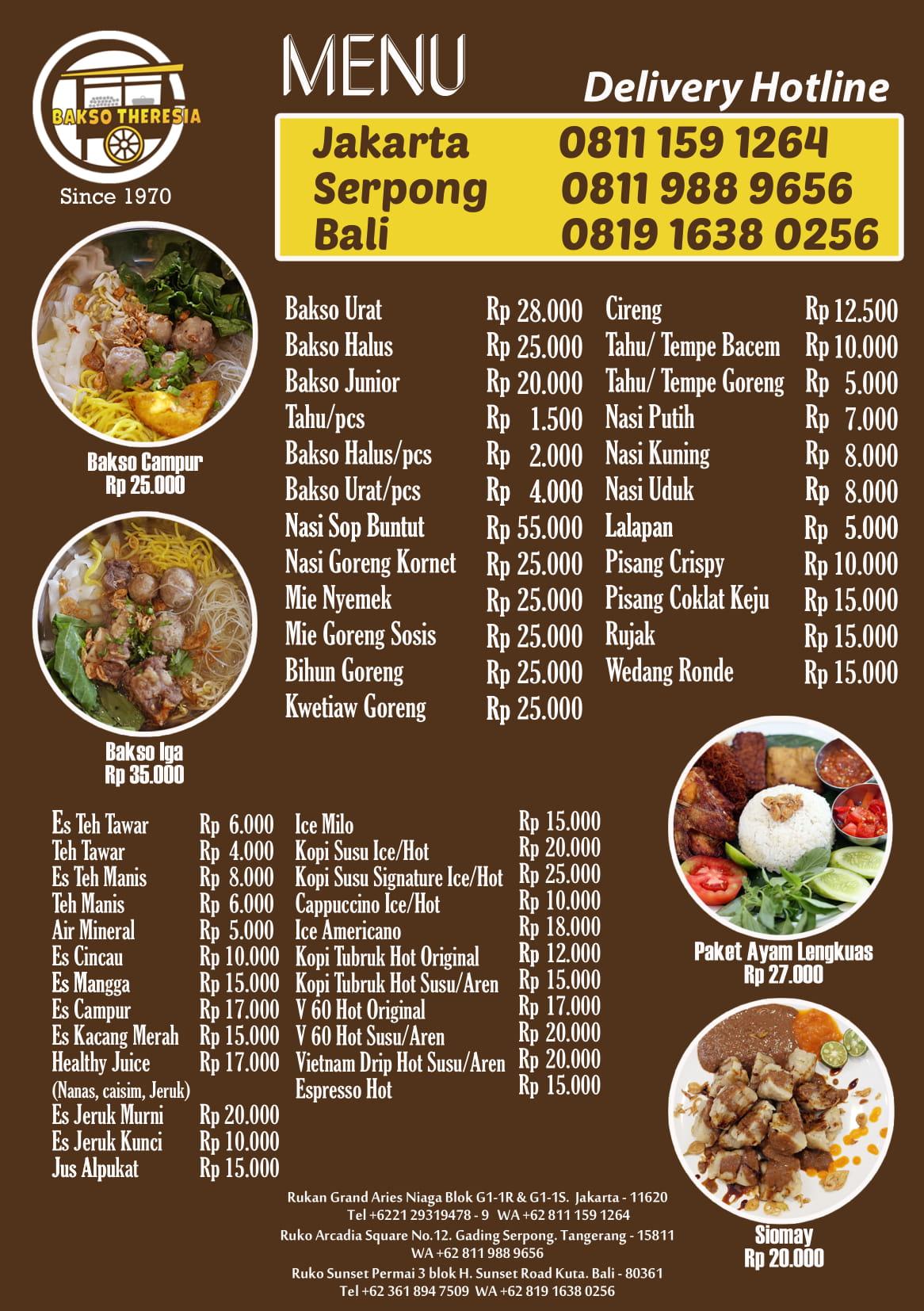 Menu at Baso Theresia restaurant, West Jakarta