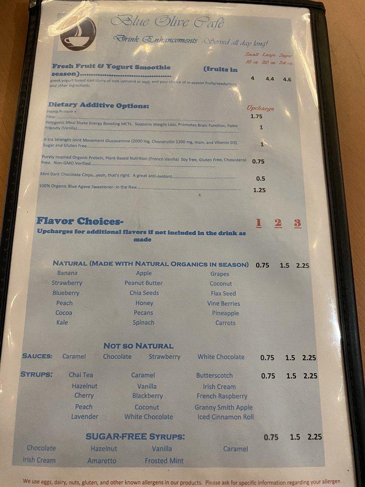 Menu at Blue Olive Cafe, Milan