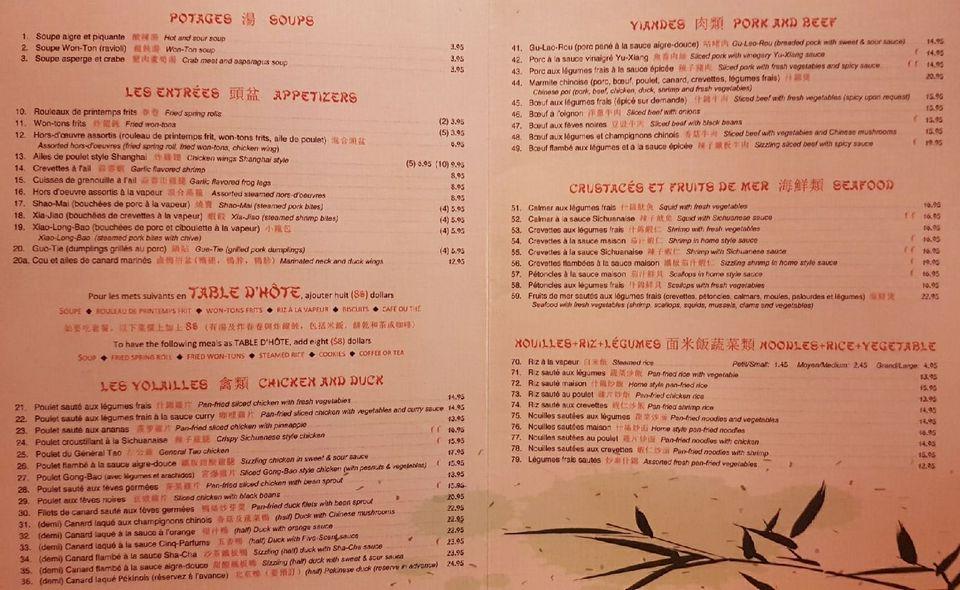 Menu au Chez-soi la Chine restaurant, Québec, 27 Rue Ste Angèle
