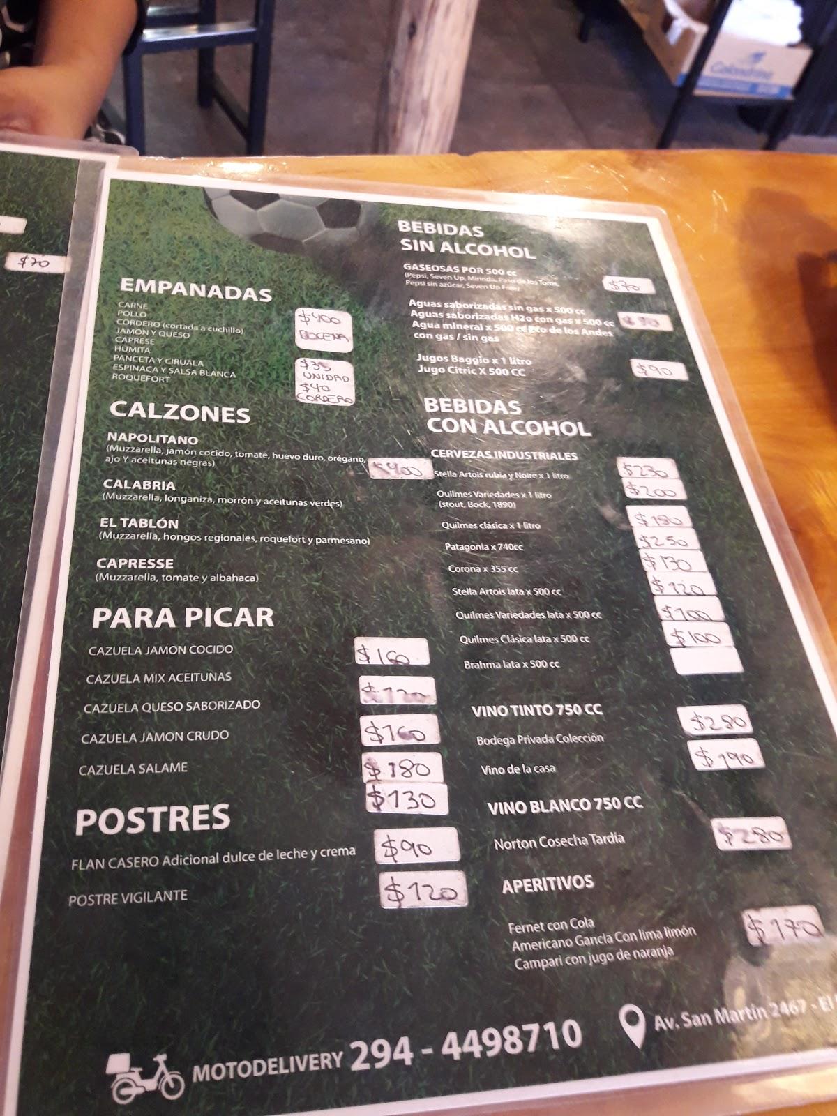 Carta del restaurante El Tablón pizza a la piedra, El Bolsón
