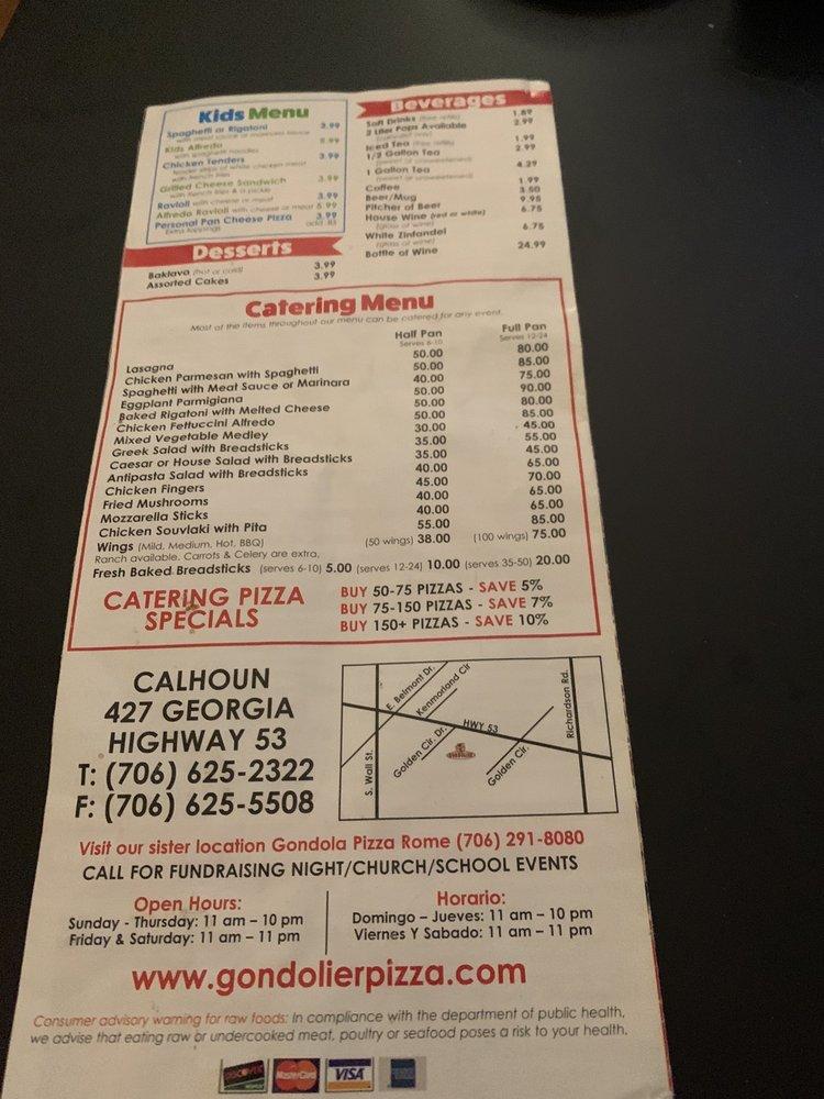 Menu at Gondolier Pizza pizzeria, Calhoun, 427 Hwy 53