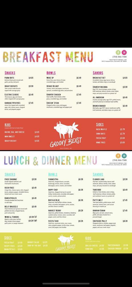 Menu at Groovy Beast restaurant, Gastonia