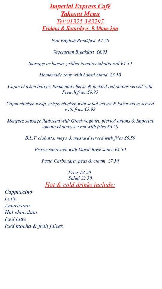 Menu at Imperial Express cafe, Darlington