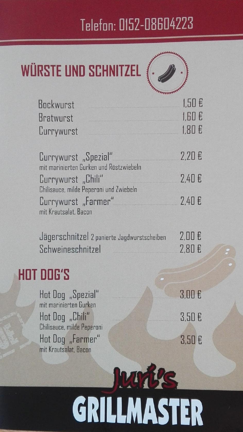Menu at Juri's Grillmaster Currywurst Burger pub & bar, Beeskow