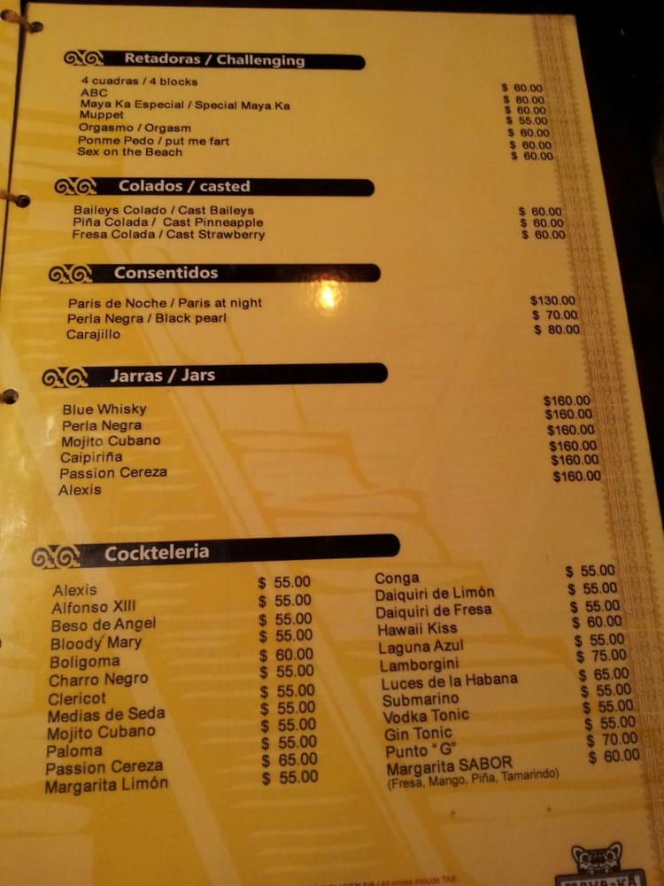 Menu at Maya KA restaurant, Progreso