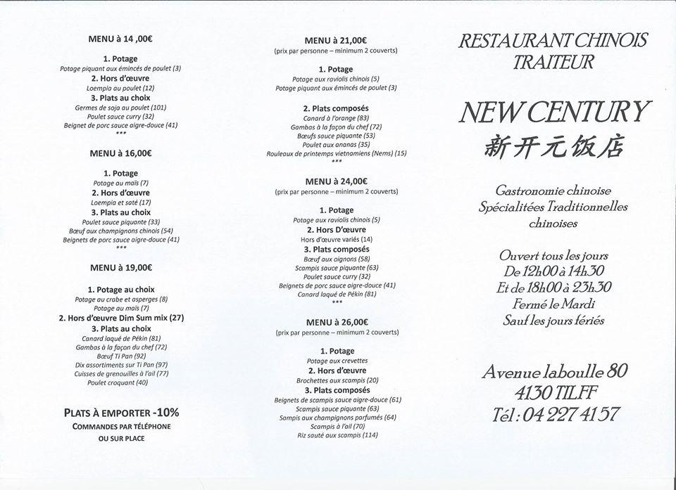 Menu at New Century, Esneux, Av. Laboulle 80