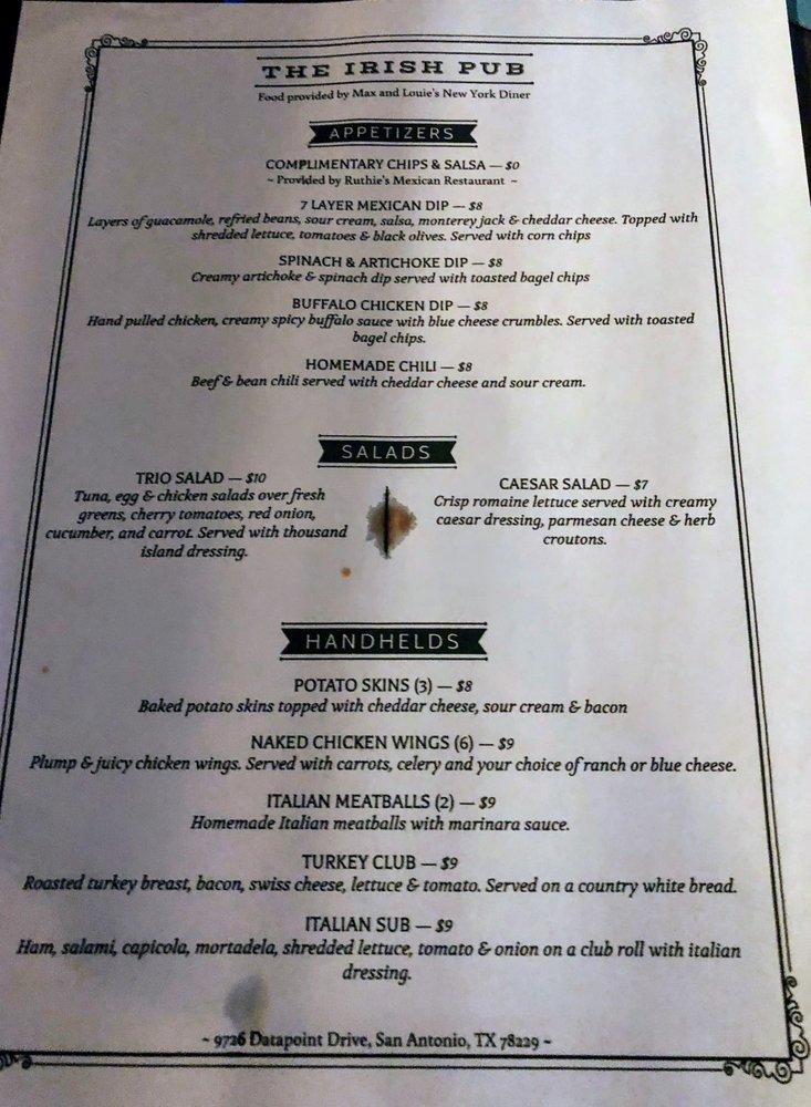Menu at The Irish Pub, San Antonio, Datapoint Dr