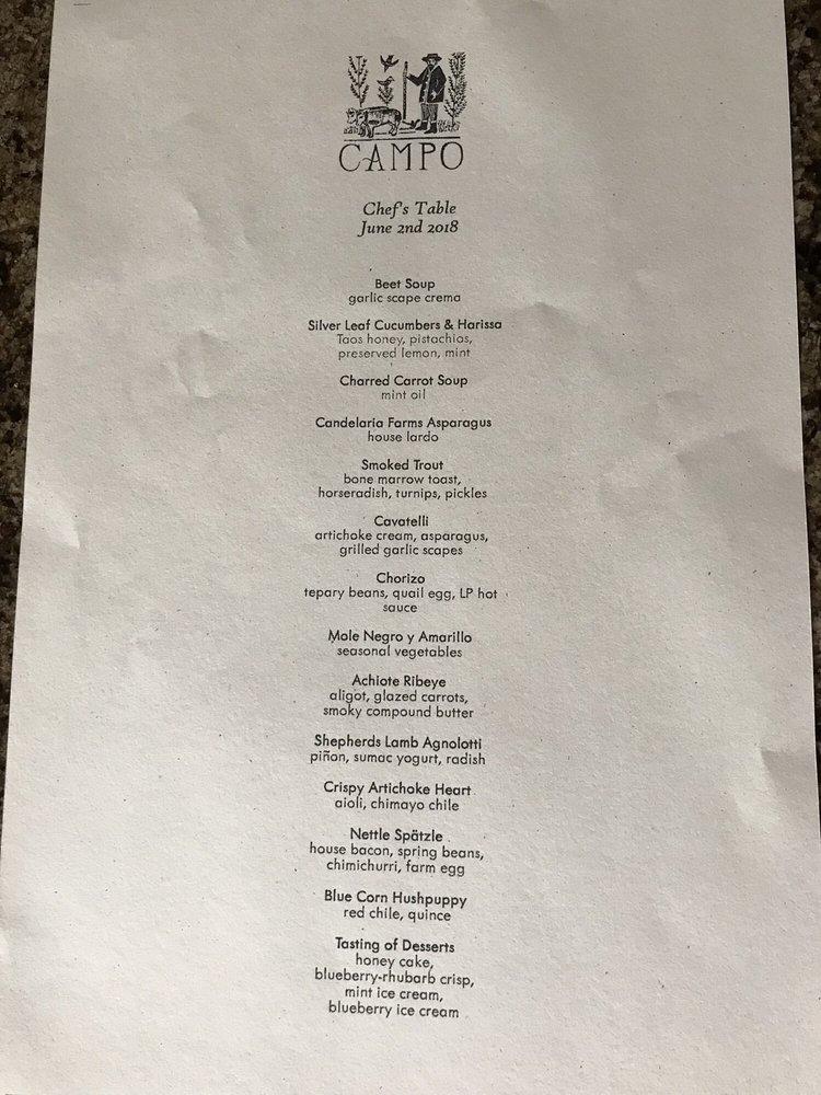 Menu at Campo at Los Poblanos pub & bar, Los Ranchos de Albuquerque
