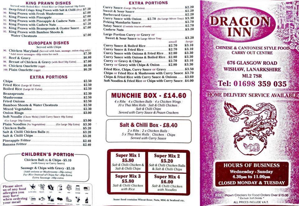 Menu at Dragon Inn fast food, Wishaw