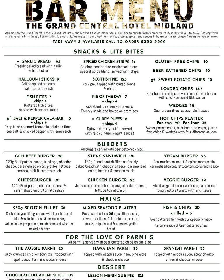 Menu at Grand Central Hotel pub & bar, Midland