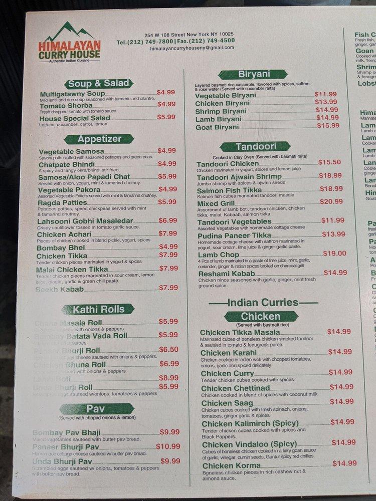Menu at Himalayan Curry House restaurant, West New York, 254 W 108th St