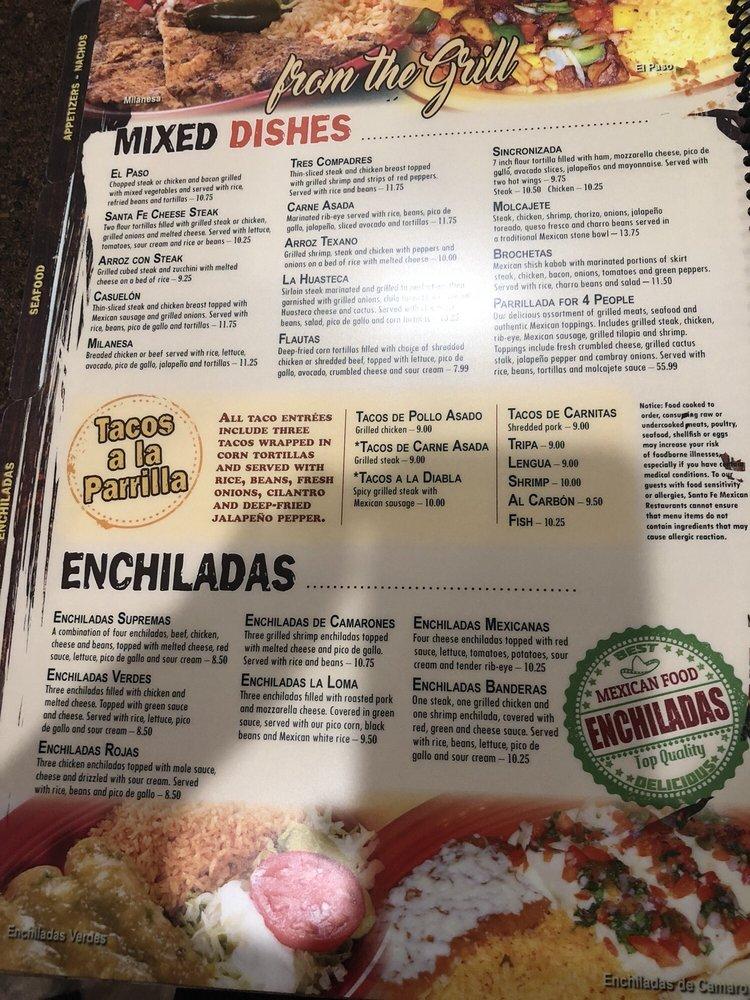 Menu at Santa Fe Mexican Grill restaurant, Kingsport