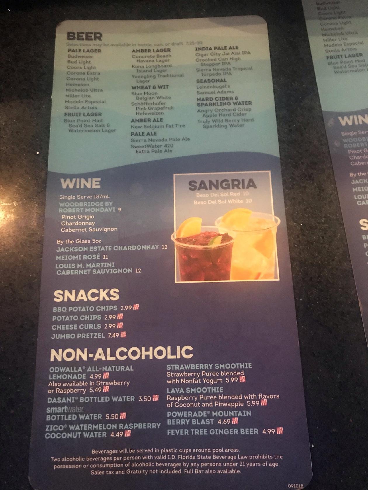 Menu at The Drop Off Pool Bar, Bay Lake, Disney's Art of Animation Resort