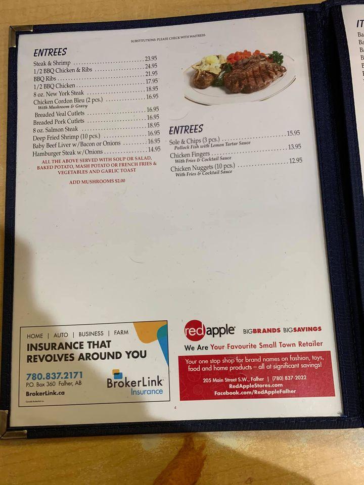 Menu at Tony's Donair restaurant, Falher