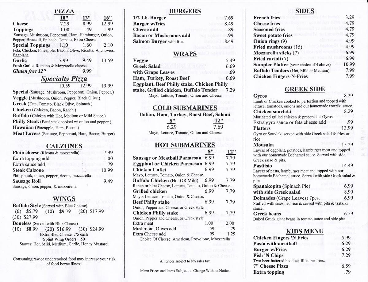 Menu at Akropolis pizzeria, Central Square