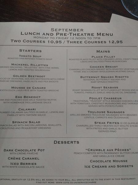 Menu at Côte Chichester restaurant, Chichester