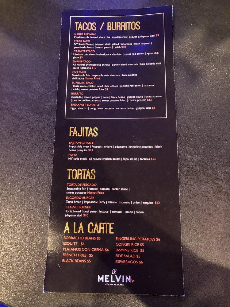 Menu at El Melvin Cocina Mexicana restaurant, Sarasota