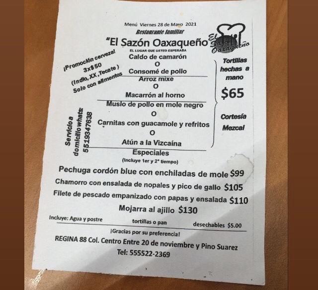 Carta del restaurante El Sazón Oaxaqueño Regina, Mexico, Regina 88
