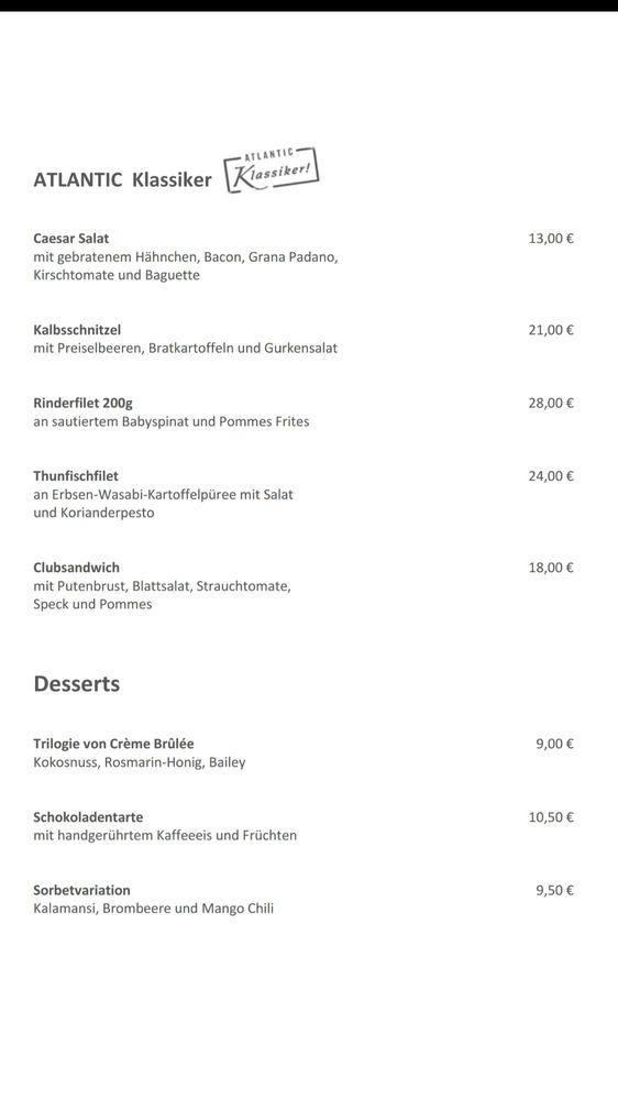Speisekarte von Holstein's restaurant, Lübeck