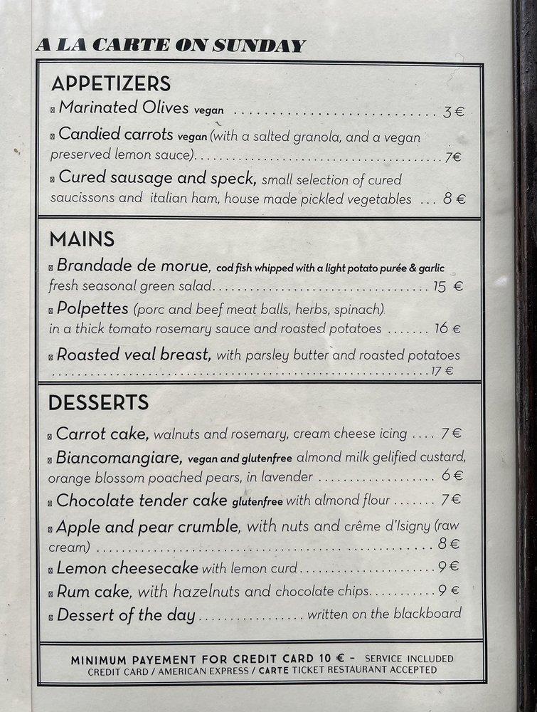 Menu at La Maison Rose restaurant, Paris, 2 Rue de l'Abreuvoir
