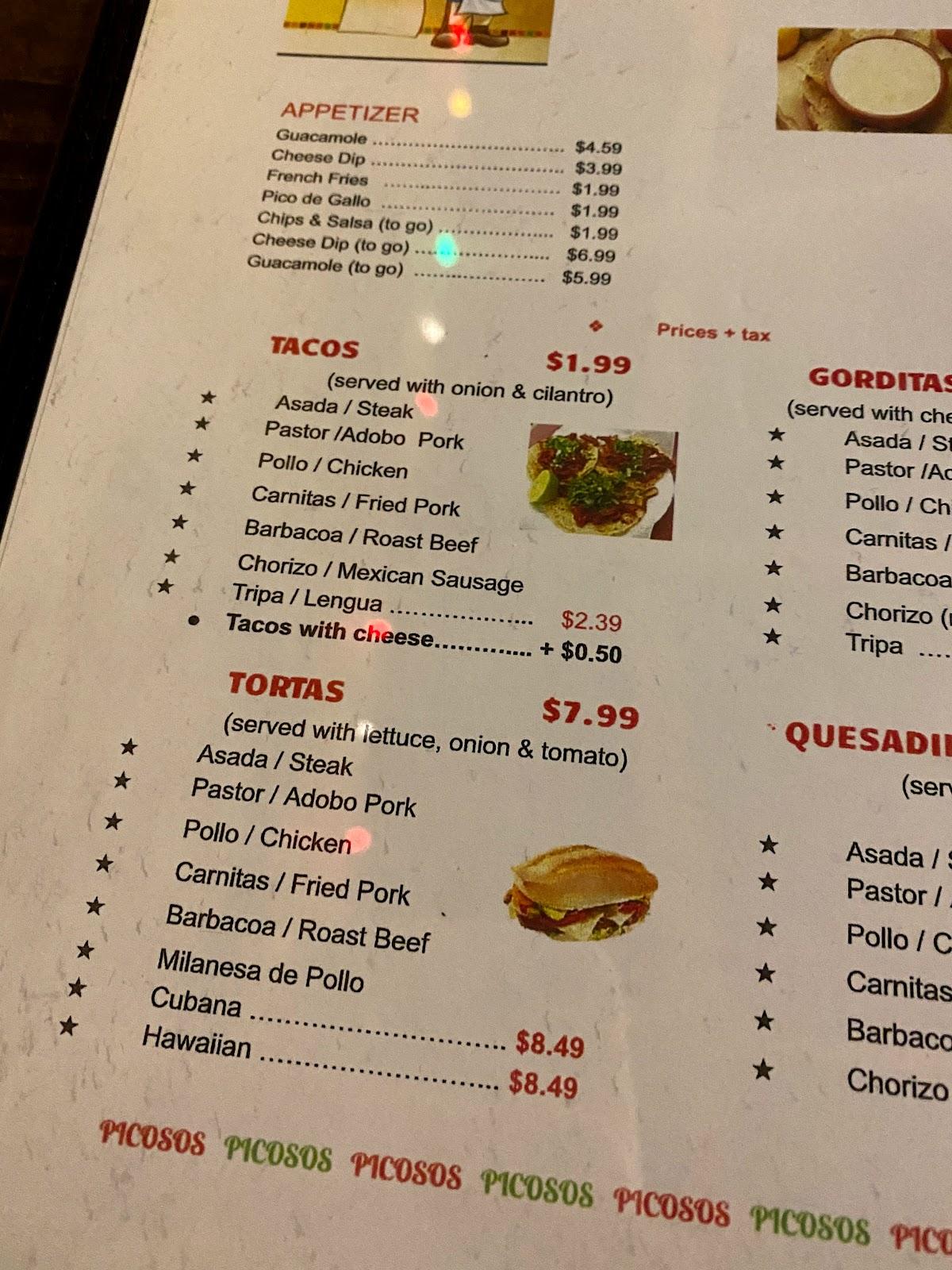 Menu at Los Picosos restaurant, Memphis, Summer Ave