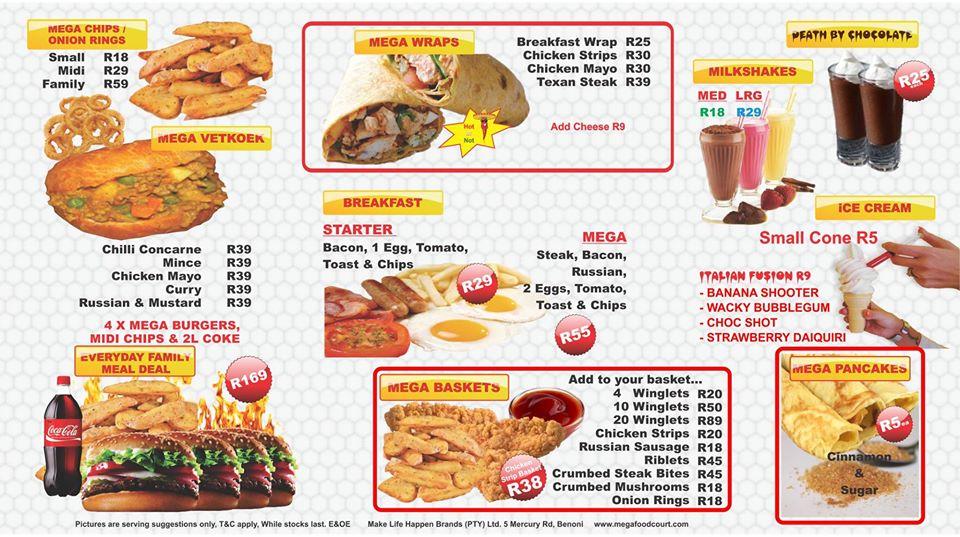 Menu at Mega Food Court Silverton restaurant, Pretoria