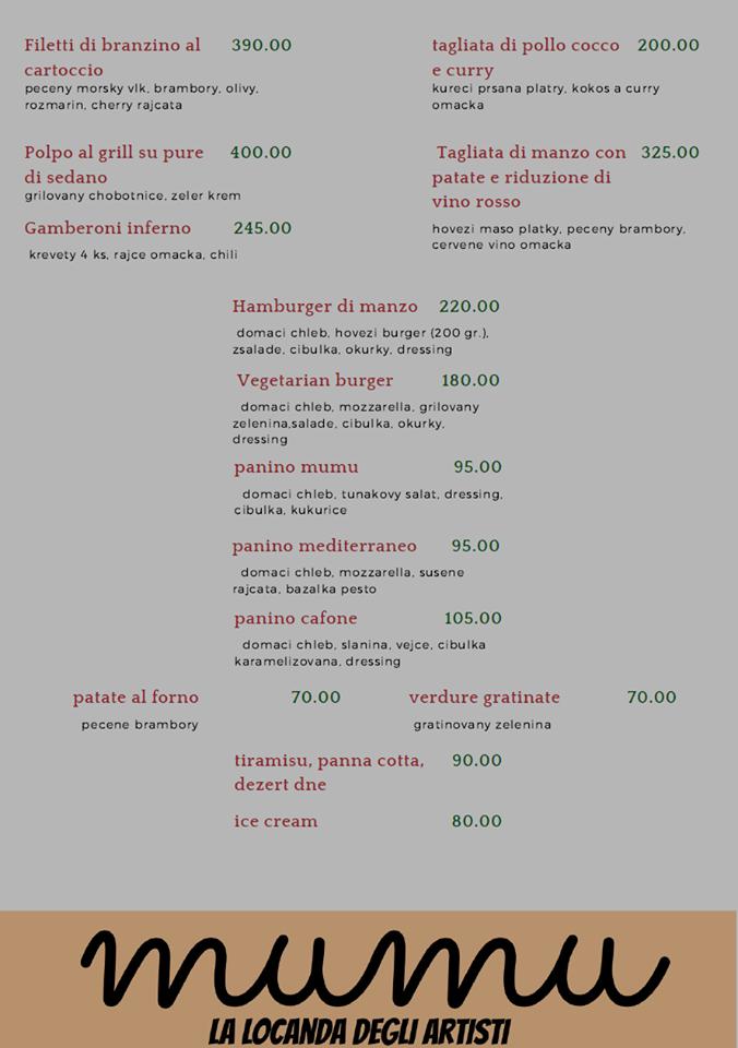 Menu at Mumu Locanda restaurant, Tuchoměřice