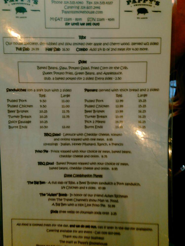 Menu at Pappy's Smokehouse BBQ, St. Louis