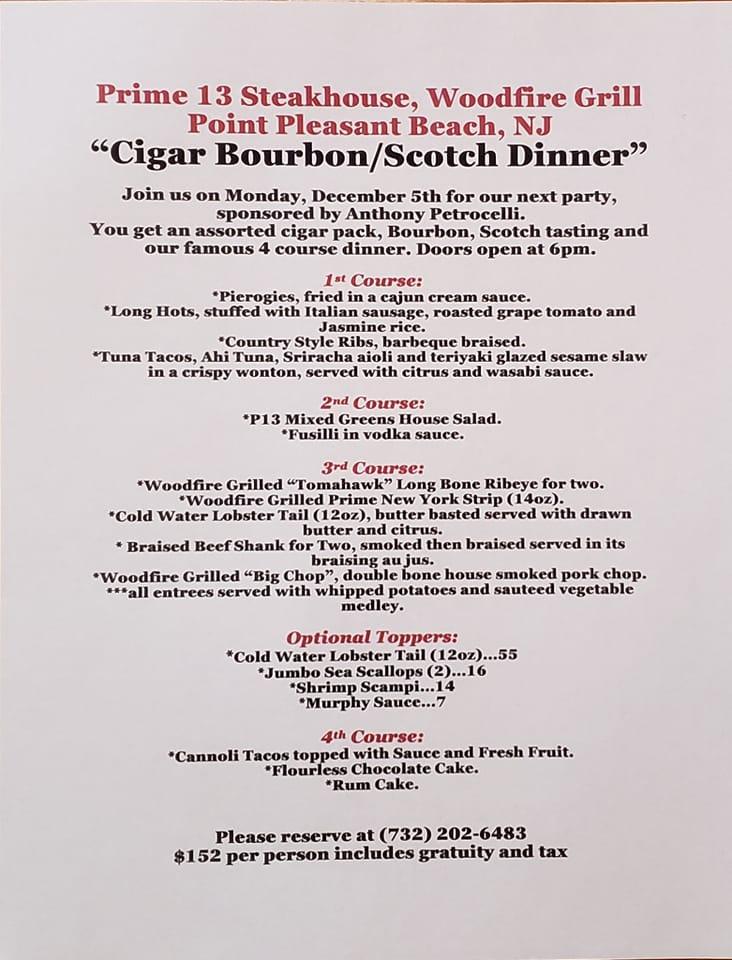 Menu at Prime 13 steakhouse, Point Pleasant Beach