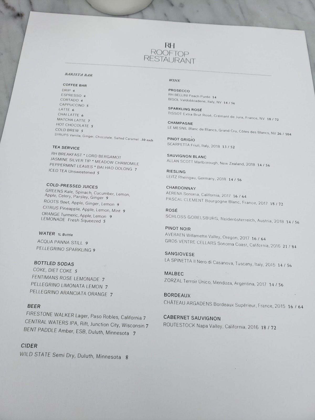 Menu at RH Rooftop Restaurant Minneapolis, Edina