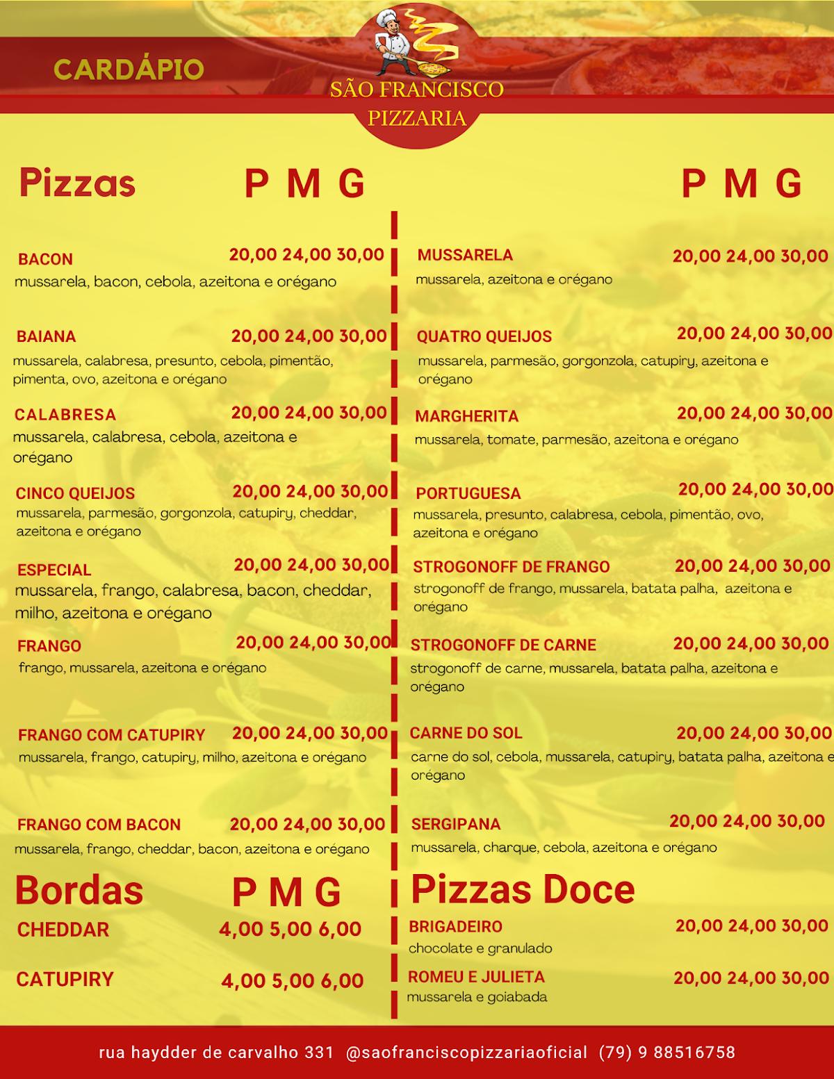 Menu at São Francisco pizzaria, Brazil