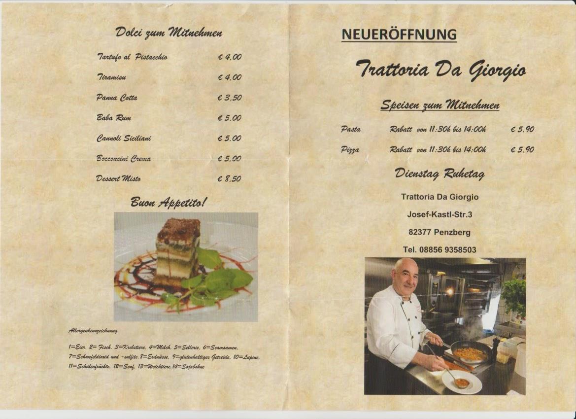 Speisekarte von Trattoria Da Giorgio restaurant, Benediktbeuern