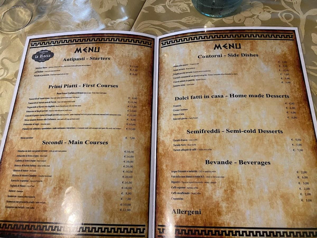 Menu at Trattoria La Rocca restaurant, Ceri