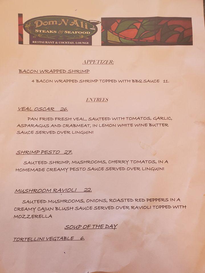 Menu at Dom N Ali steakhouse, Jim Thorpe